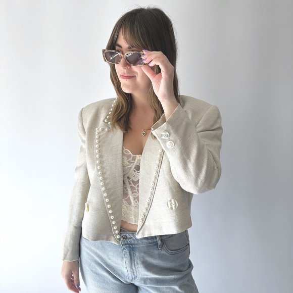 Vintage | Jackets & Coats | Reworked Cream Plaid Pearl Blazer | Poshmark